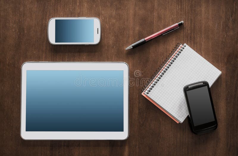 Business Work with a Tablet, 2 Smartphones and Notepad Stock Photo ...