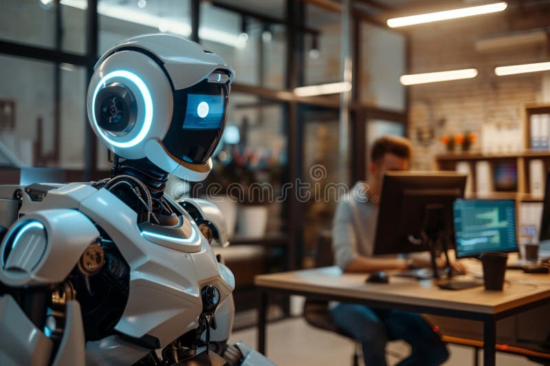 Business Worker and Robot Working Together in Office, Robotic ...