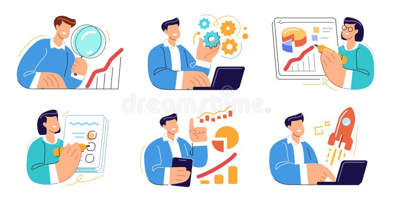 Business Workflow. Office Work, Financial Analysis Concept. Flat Design Set Vector Illustration ...