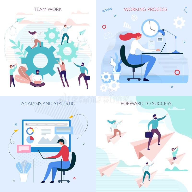 Business Workflow Process Flat Cartoon Cards Set Stock Vector ...