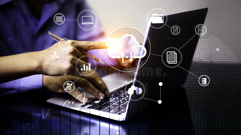 Business Working Using Laptop on Futuristic Virtual Screen Interface ...