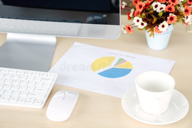 Business Workplace Concept. Cup of Hot Coffee on Work Desk with ...