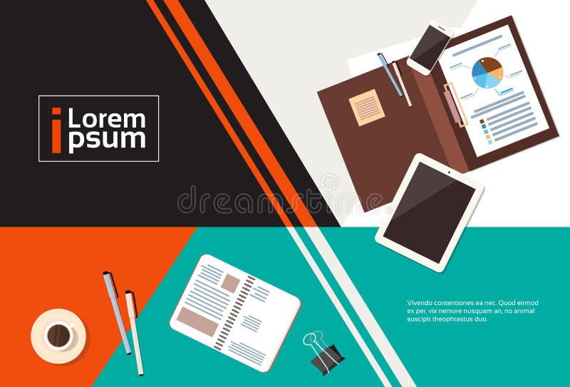 Business Workplace Desk Top Angle View Documents Tablet Computer Banner ...