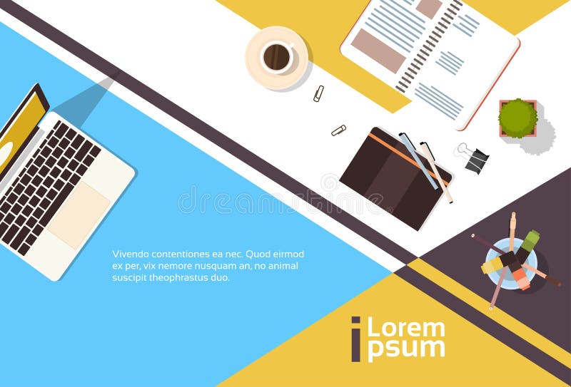 Business Workplace Desk Top Angle View Notebook Laptop Computer Banner ...