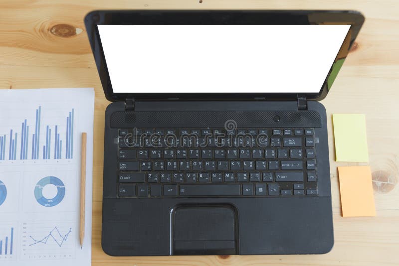 Business Workplace with Laptop Computer, Sticky Note and Paper W Stock ...