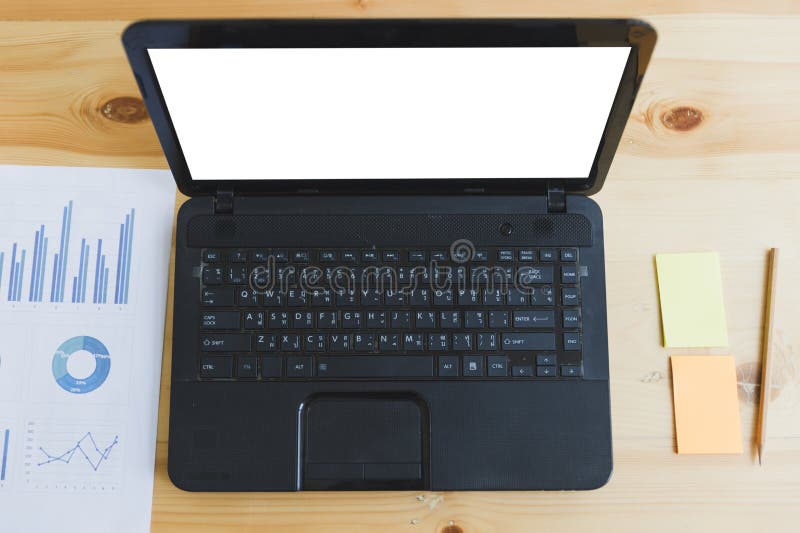 Business Workplace with Laptop Computer, Sticky Note and Paper W Stock ...