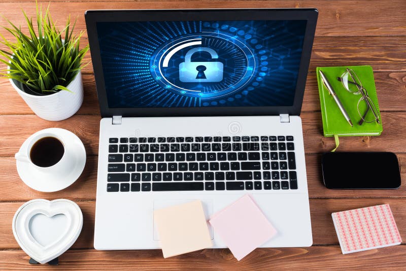 Web Security and Technology Concept with Laptop on Wooden Table Stock ...