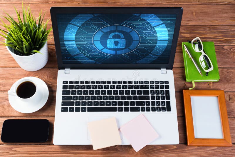 Web Security and Technology Concept with Laptop on Wooden Table Stock ...