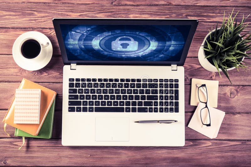 Web Security and Technology Concept with Laptop on Wooden Table Stock ...