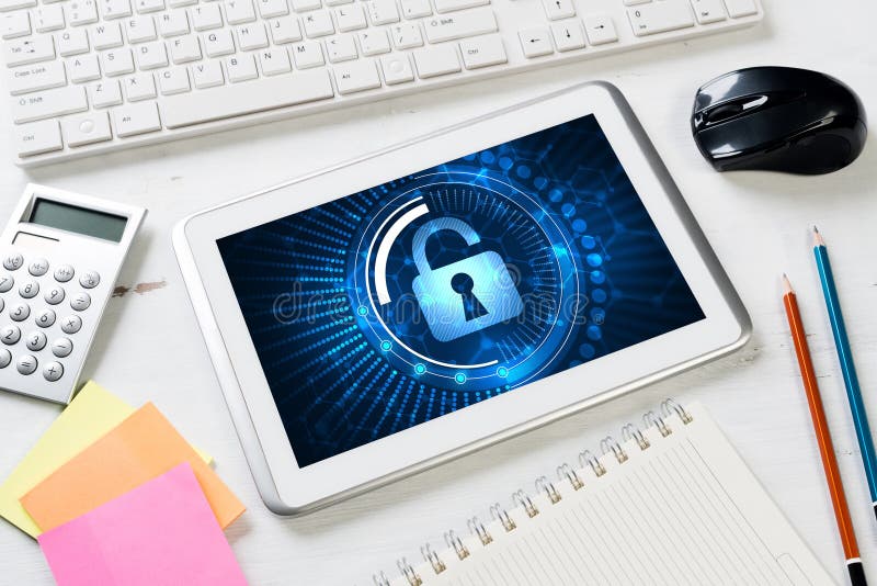 Web Security and Technology Concept with Tablet Pc on Wooden Table ...
