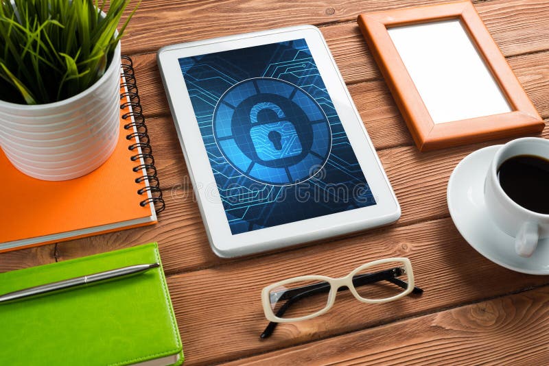 Web Security and Technology Concept with Tablet Pc on Wooden Table ...