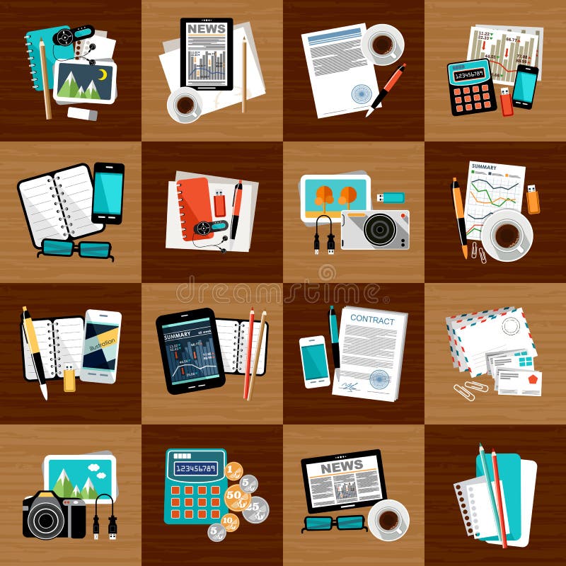 Business Workplace with Office Things. Stock Vector - Illustration of ...