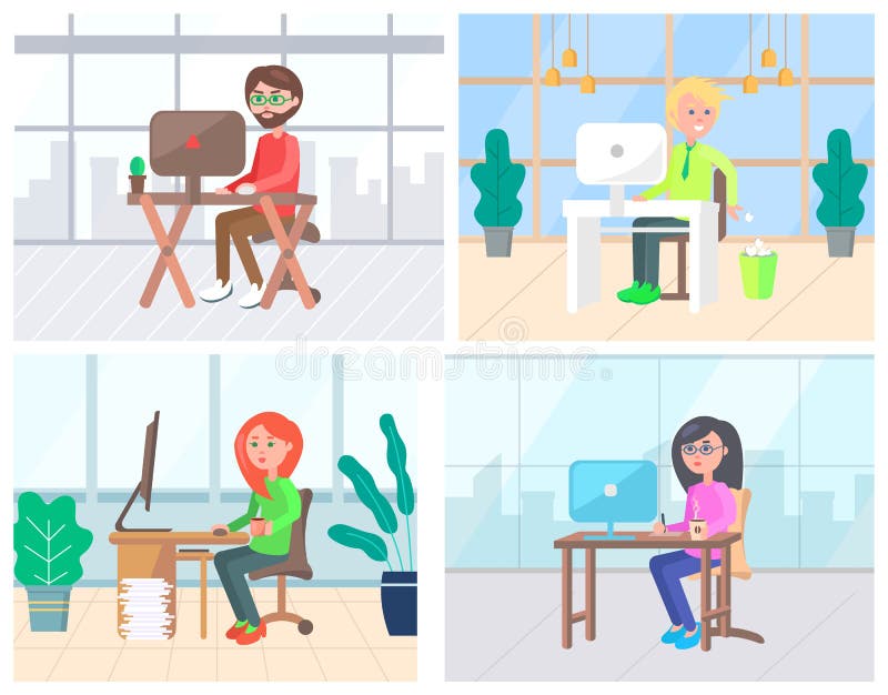 Business Workplace Set, People Using Pc Vector Stock Illustration ...