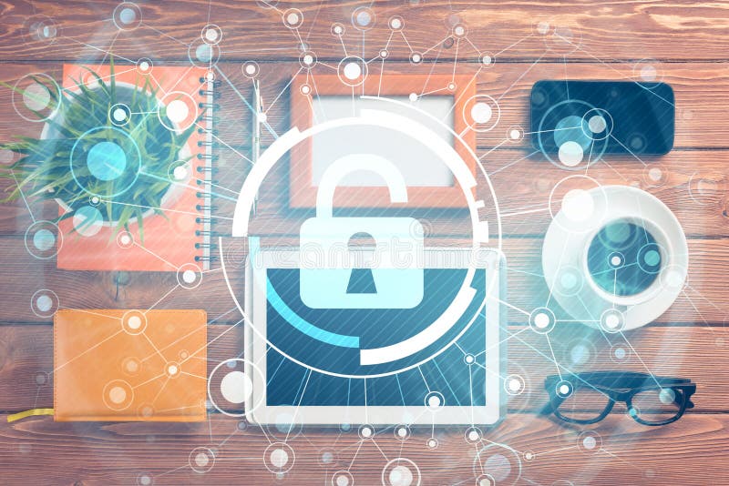 Business Workplace with Tablet Pc and Security Concept on Screen Stock ...