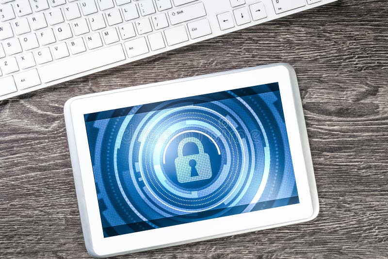 Business Workplace with Tablet Pc and Security Concept on Screen Stock ...