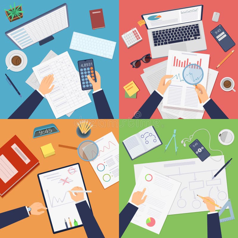 Business Workplace Top View. Businessman Working Analytics Reporting ...