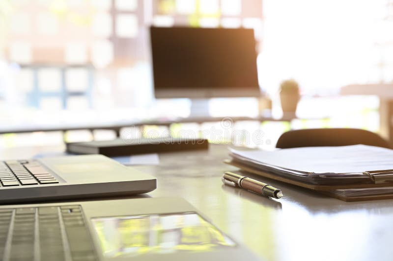 Business Workspace, Pen and Work Paper Document with Laptop on Office ...