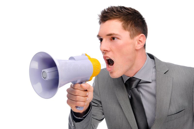 Aggressive Businessman Shouting with Megaphone on White Background ...