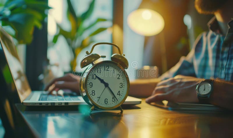 A Businessman is Absorbed in His Computer Work, with an Alarm Clock ...