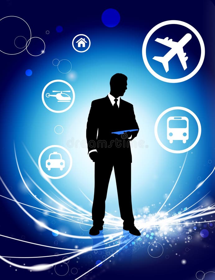 Businessman on Abstract Light Background with Icons Stock Illustration ...