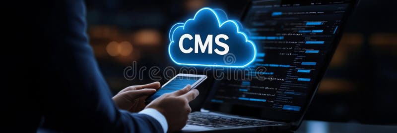 Businessman Accessing Cloud-Based CMS Software Via Mobile Device, Glowing Text in Cloud Icon ...