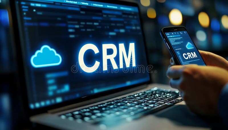 Businessman Accessing Cloud-Based CRM System on Devices, Glowing Text ...