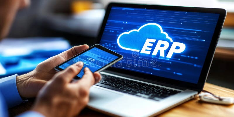 Businessman Accessing Cloud-Based Enterprise Resource Planning ERP System on Mobile Device ...