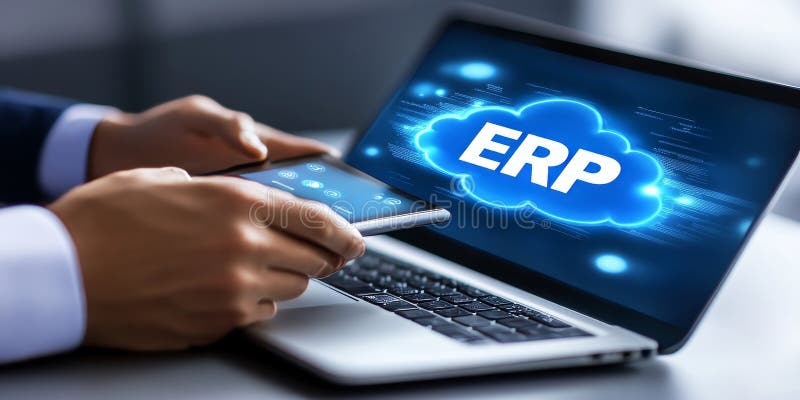 Businessman Accessing Cloud-Based Enterprise Resource Planning ERP System on Mobile Device Stock ...