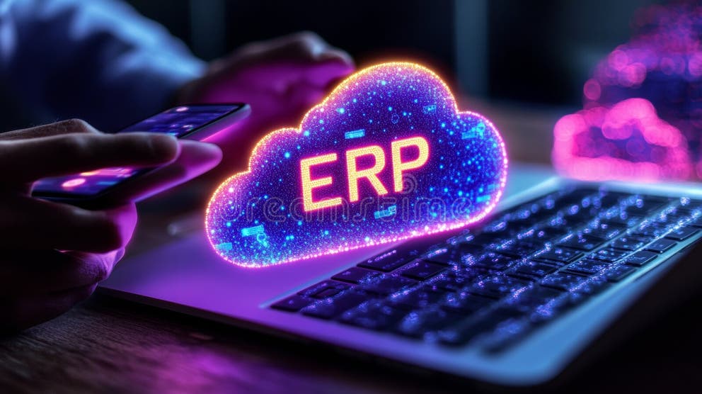 Businessman Accessing Cloud-Based ERP System Via Mobile Device, Glowing ...