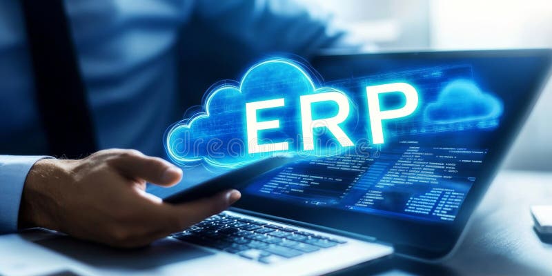 Businessman Accessing Cloud-Based ERP System Via Mobile Device, Glowing ...