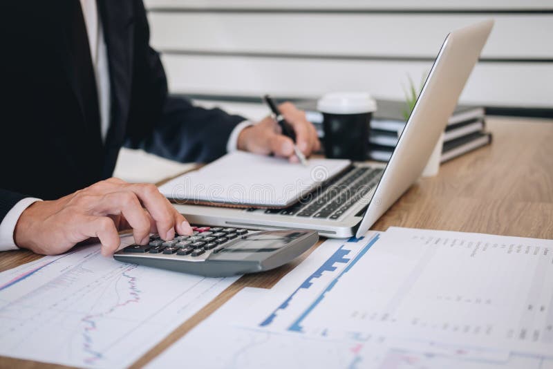 Businessman Accountant Working New Project on Laptop Computer with ...