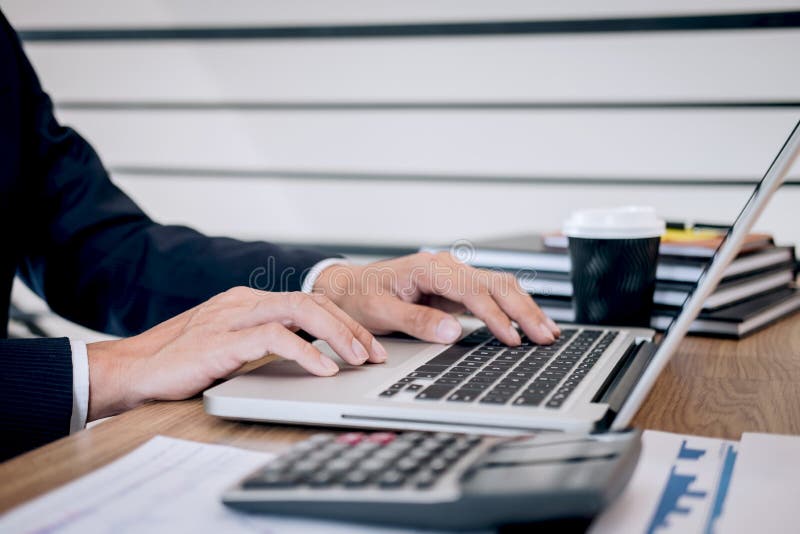 Businessman Accountant Working New Project on Laptop Computer with ...