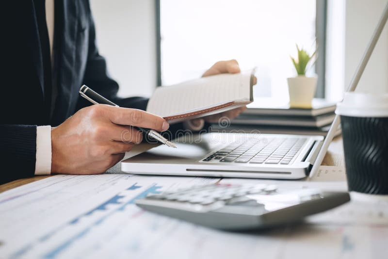 Businessman Accountant Working New Project on Laptop Computer with ...