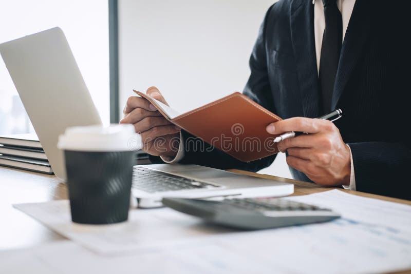 Businessman Accountant Working New Project on Laptop Computer with ...