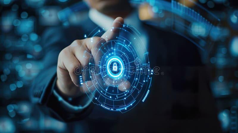 Businessman Activating Digital Security Interface, Touching a Digital ...
