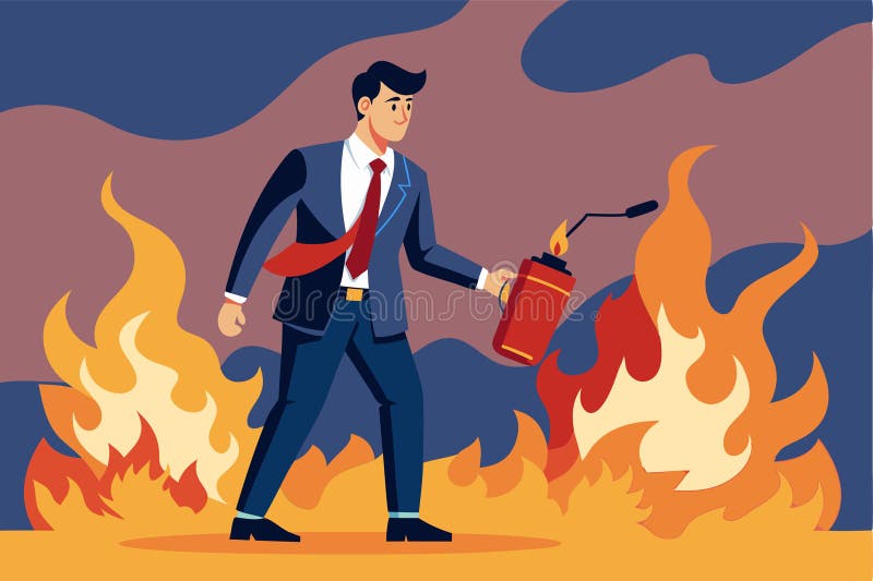 A Businessman is Actively Using a Fire Extinguisher To Put Out Flames ...