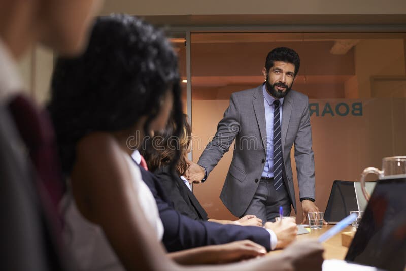 Businessman Addressing Team at a Meeting, Low Angle Close Up Stock ...