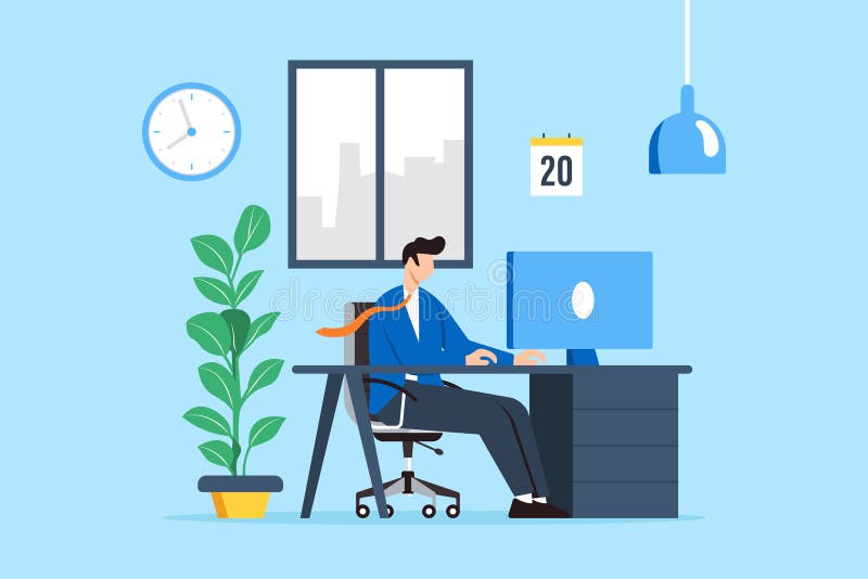 Businessman Admin Working at Office Desk in Flat Design Stock Vector ...