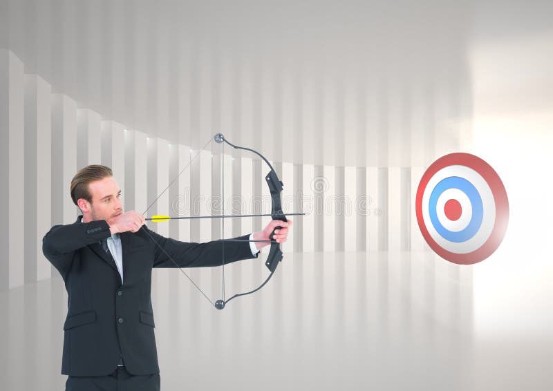 Businessman Aiming at Target with Bow and Arrow Stock Photo - Image of ...