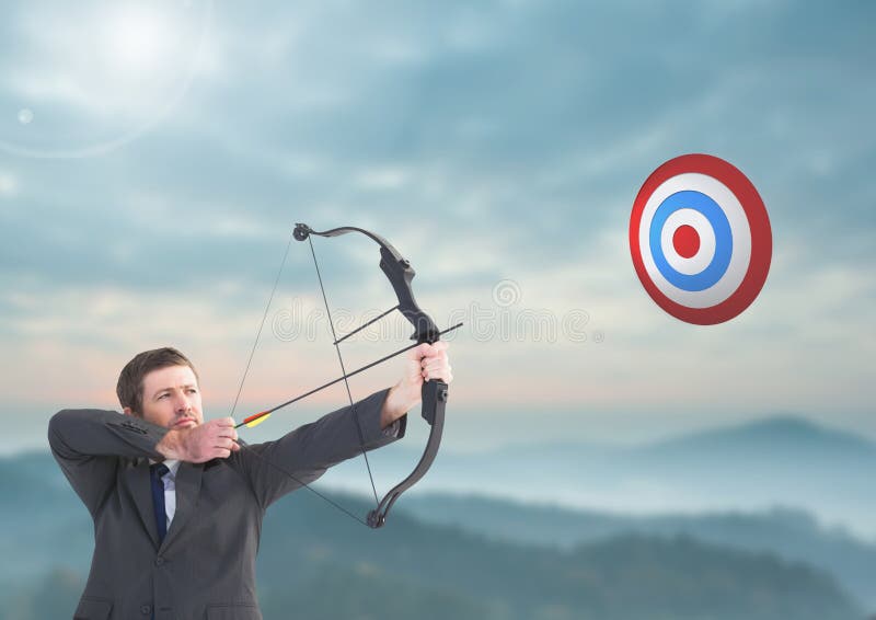 Businessman Aiming at Target with Bow and Arrow Stock Photo - Image of ...