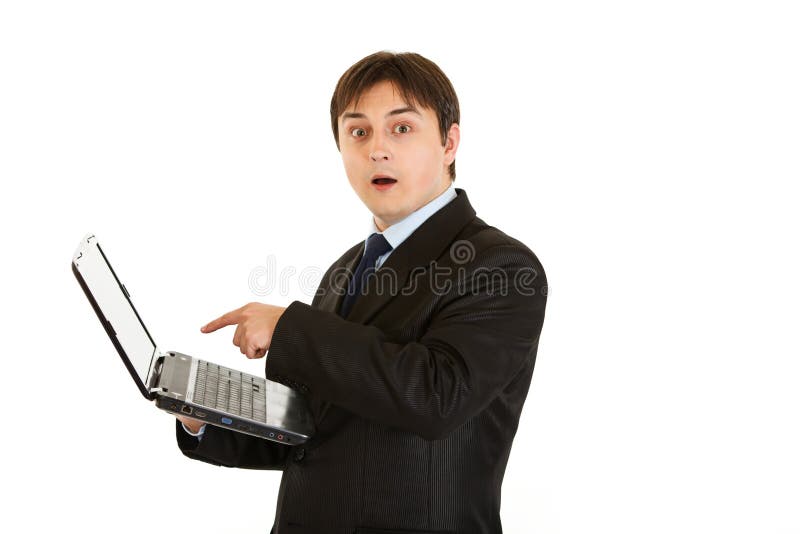 Businessman Amazedly Looks in Laptops Screen Stock Image - Image of ...