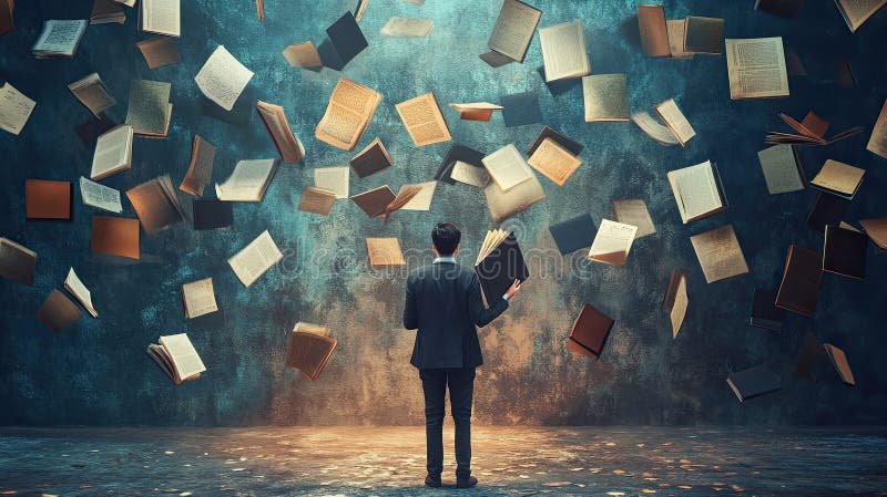 Businessman Amidst Falling Papers in a Dark Room Stock Illustration ...