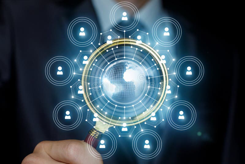 Businessman Analyzes the Business Network with a Magnifying Glass Stock ...
