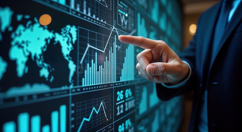 Businessman Analyzes Currency Rate Growth. Interacts with Virtual ...