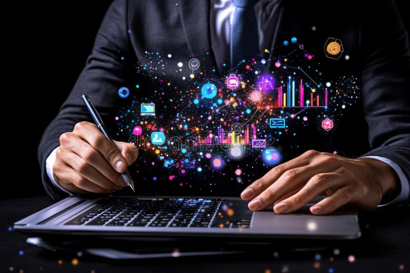 A Businessman Analyzes and Visualizes Complex Information on a Virtual Screen Using AI To ...