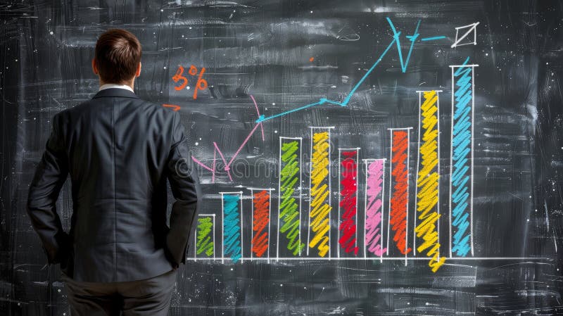 Businessman Analyzing Colorful Bar Chart on Chalkboard Representing ...