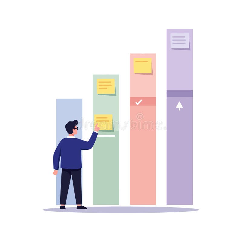 Businessman Analyzing Colorful Vertical Bar Chart with Sticky Notes in ...