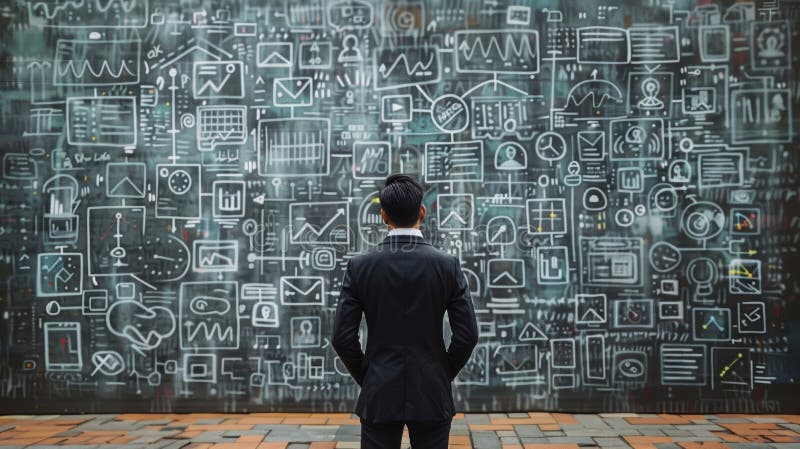 Businessman Analyzing Complex Data and Diagrams on a Large Blackboard ...