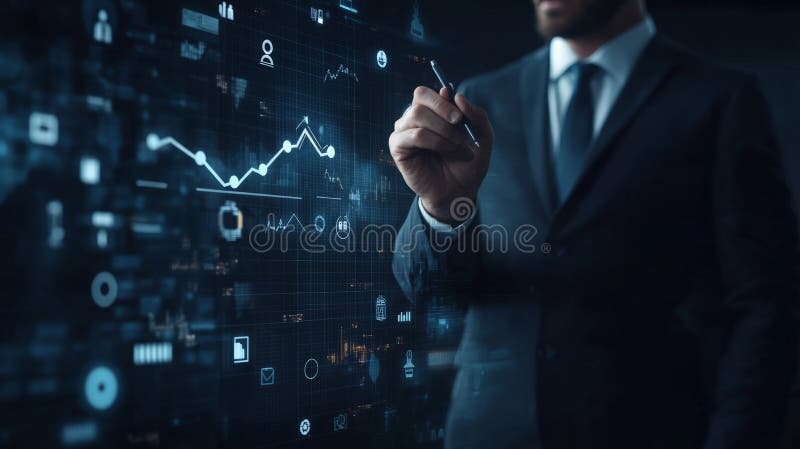 Businessman Analyzing Complex Data on a Digital Screen in a Dimly Lit Room. Financial Analysis ...