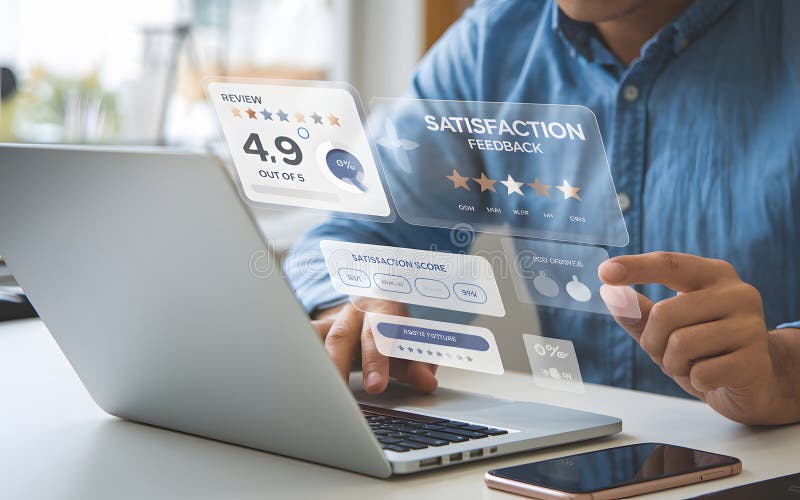 Businessman Analyzing Customer Satisfaction Feedback on Laptop Screen ...
